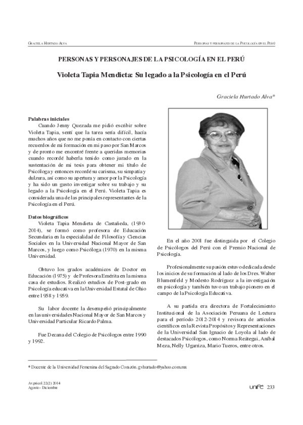 (PDF) Violeta Tapia Mendieta: Su legado a la Psicología en el Perú