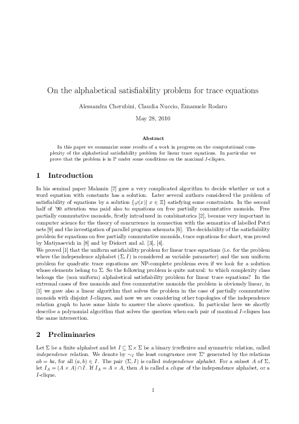 (PDF) On the alphabetical satisfiability problem for trace equations