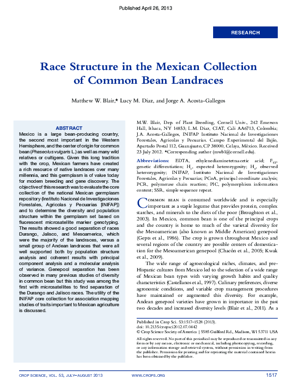 (PDF) Race Structure in the Mexican Collection of Common Bean Landraces