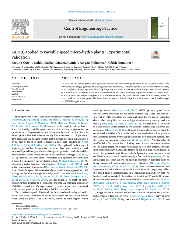 (PDF) LADRC applied to variable speed micro-hydro plants: Experimental validation