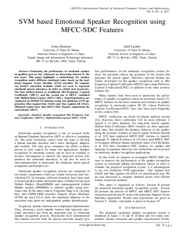 Pdf Svm Based Emotional Speaker Recognition Using Mfcc Sdc Features