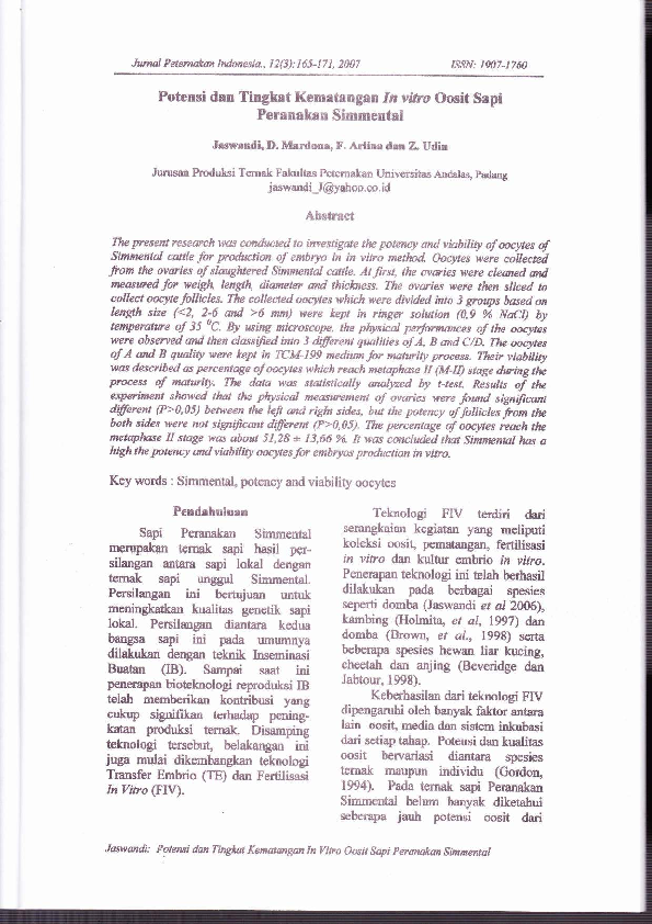 (PDF) Potensi dan Tingkat Kematangan In vitro Oosit Sapi Peranakan ...