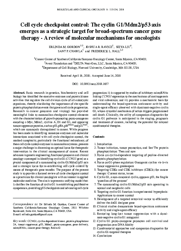 (PDF) Cell cycle checkpoint control: The cyclin G1/Mdm2/p53 axis emerges as a strategic target ...