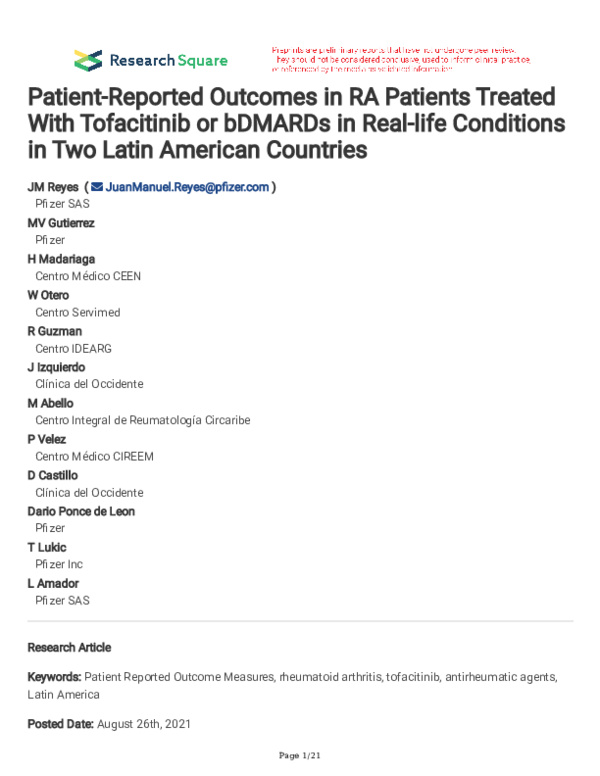 (PDF) Patient-Reported Outcomes in RA Patients Treated With Tofacitinib or bDMARDs in Real-life ...