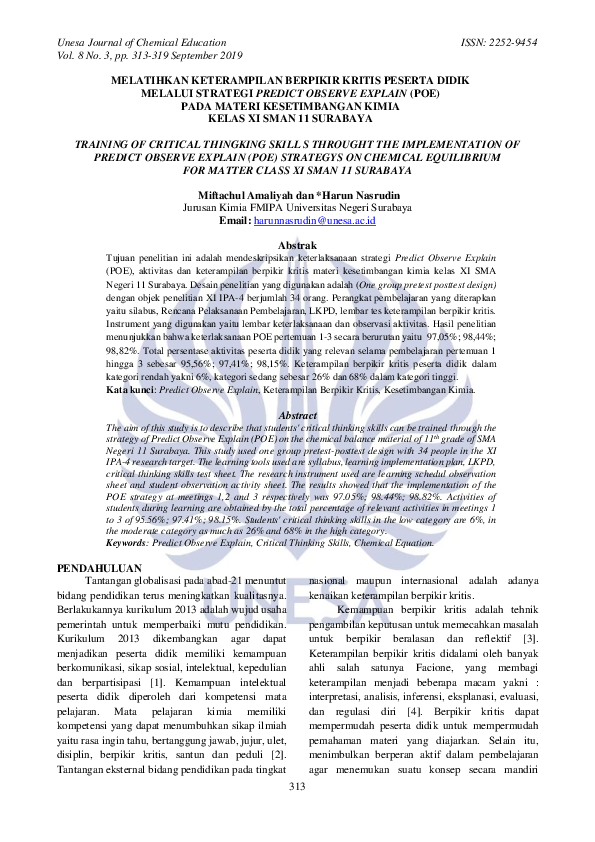 (PDF) Melatihkan Keterampilan Berpikir Kritis Peserta Didik Melalui Strategi Predict Observe ...