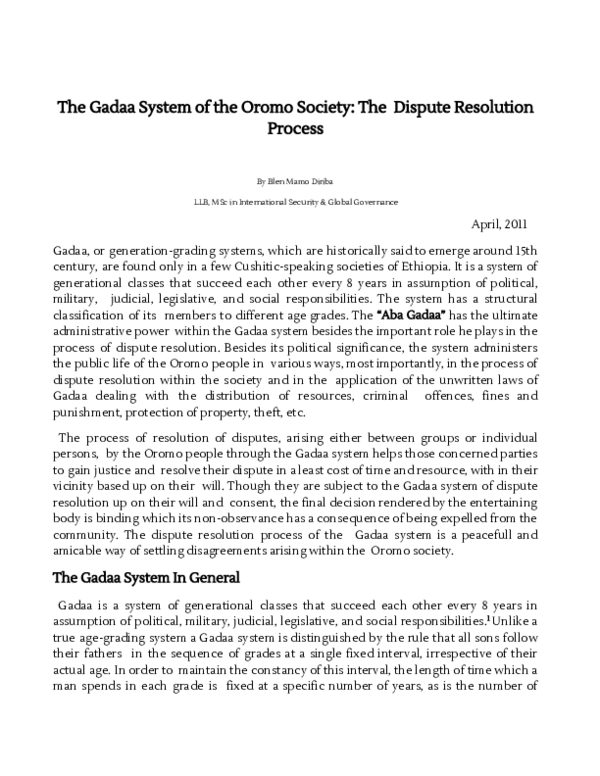 (PDF) The Gadaa System of the Oromo Society: The Dispute Resolution Process