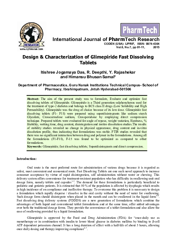 Pdf Design And Characterization Of Glimepiride Fast Dissolving Tablets