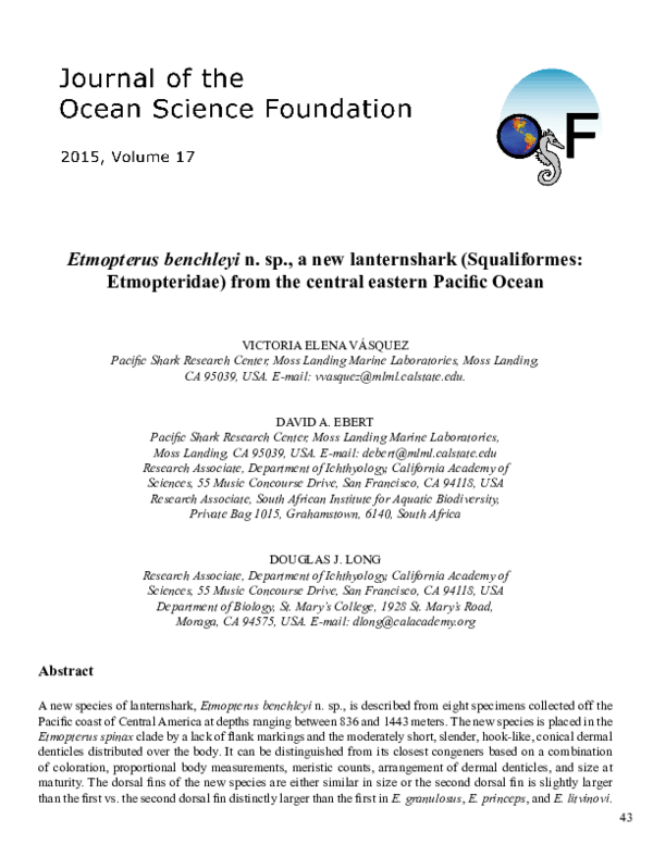 (PDF) Etmopterus benchleyi n. sp. (Squaliformes, Etmopteridae), a new ...