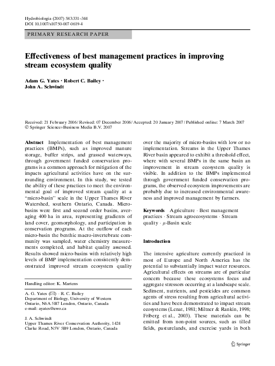 (PDF) Effectiveness of best management practices in improving stream ecosystem quality