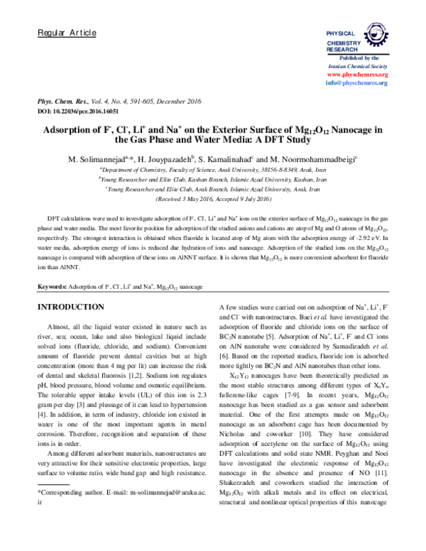 (PDF) Adsorption of F-, CL-, LI+ and Na+ on the Exterior Surface of MG12O12 Nano Cage in the Gas ...