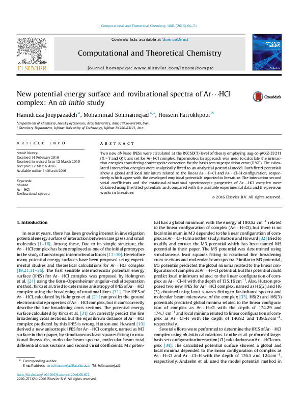 (PDF) New potential energy surface and rovibrational spectra of Ar⋯HCl complex: An ab initio study