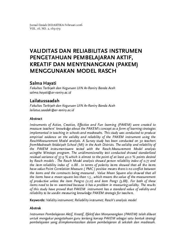 (PDF) Validitas Dan Reliabilitas Instrumen Pengetahuan Pembelajaran Aktif, Kreatif Dan ...