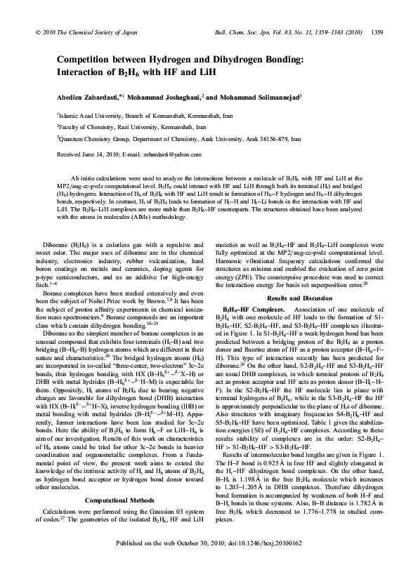 (PDF) Competition between Hydrogen and Dihydrogen Bonding: Interaction of B2H6with HF and LiH ...