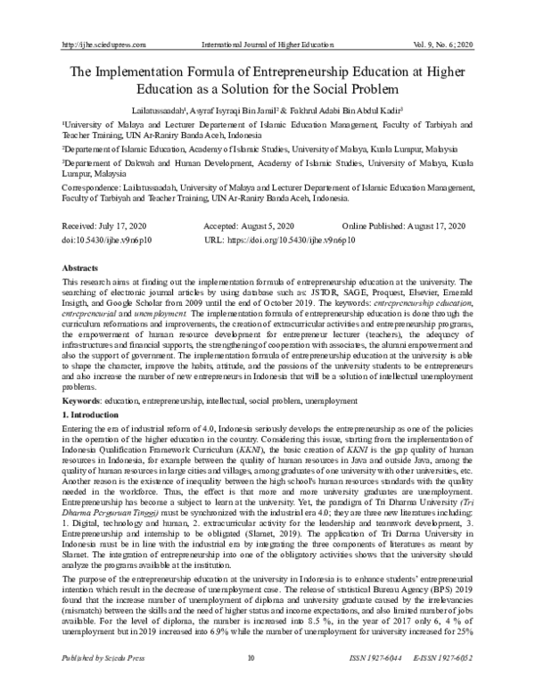 (PDF) The Implementation Formula of Entrepreneurship Education at ...