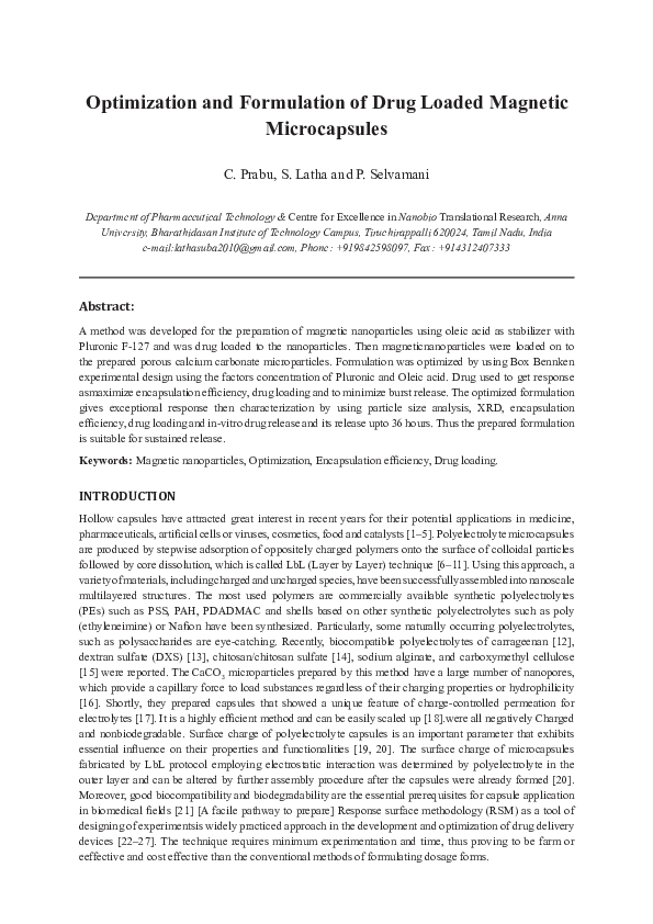 Pdf Optimization And Formulation Of Drug Loaded Magnetic Microcapsules Dr Selvamani P