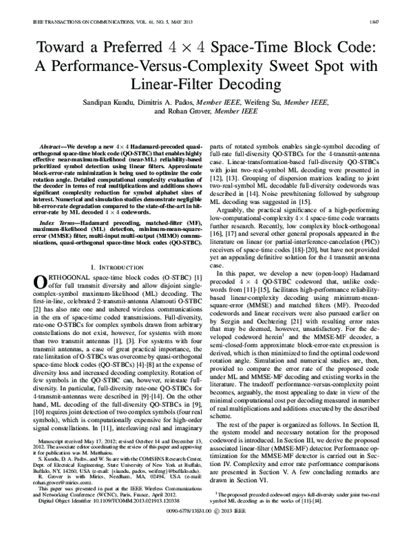(PDF) Toward a Preferred 4 x 4 Space-Time Block Code: A Performance-Versus-Complexity Sweet Spot ...