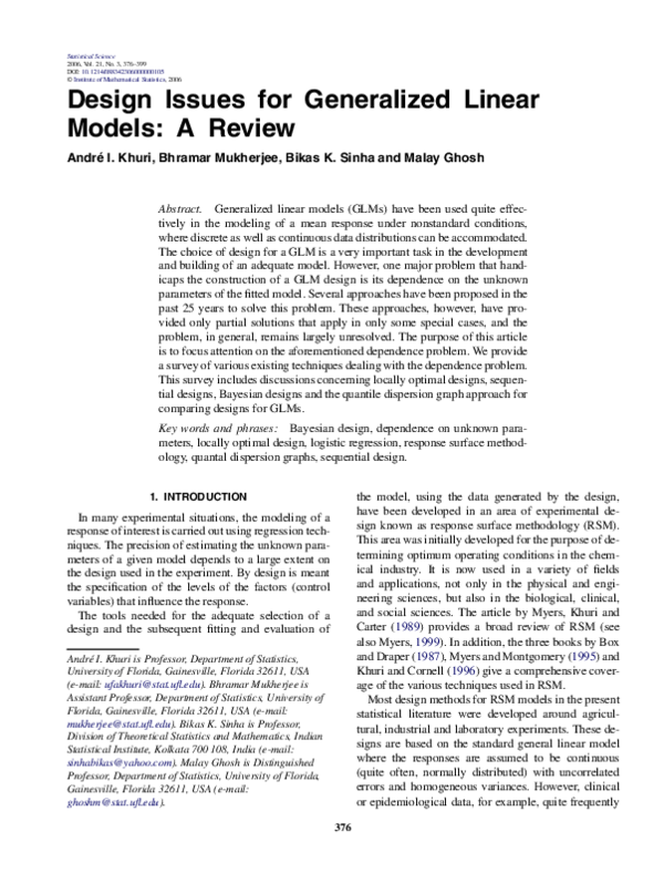 (PDF) Design Issues for Generalized Linear Models: A Review