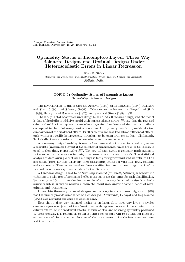 Pdf Optimality Status Of Incomplete Layout Three Way Balanced Designs And Optimal Designs 