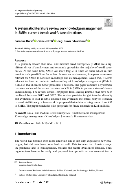 (PDF) A systematic literature review on knowledge management in SMEs: current trends and future ...