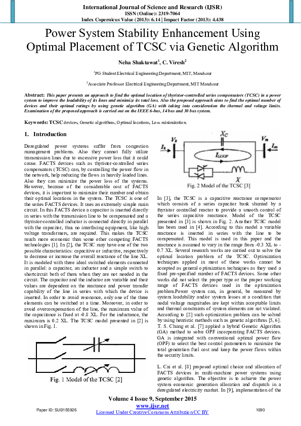(PDF) Power System Stability Enhancement Using Optimal Placement of TCSC via Genetic Algorithm