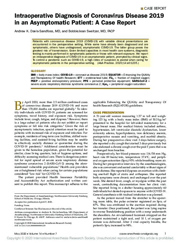 (PDF) Intraoperative Diagnosis of Coronavirus Disease 2019 in an ...