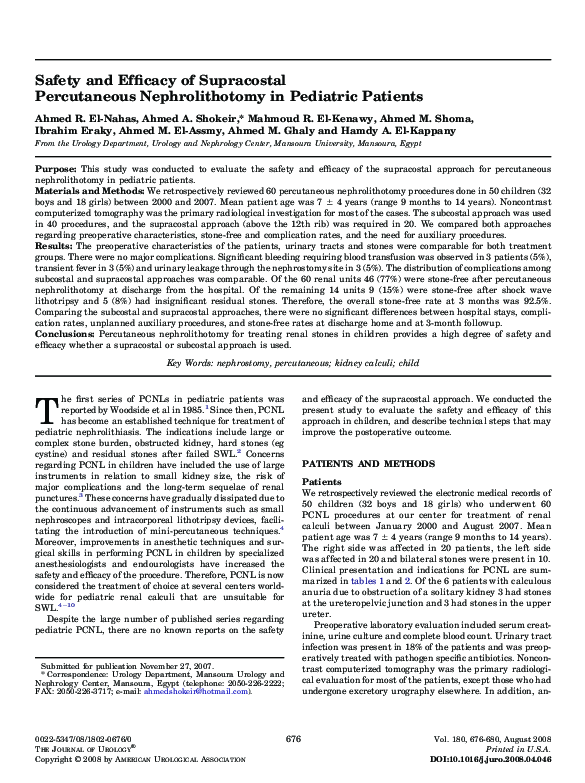 (PDF) Safety and Efficacy of Supracostal Percutaneous Nephrolithotomy ...