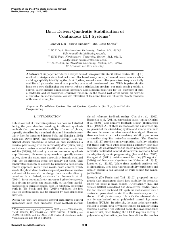 (PDF) Data-Driven Quadratic Stabilization of Continuous LTI Systems