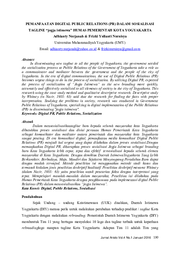 (PDF) PEMANFAATAN DIGITAL PUBLIC RELATIONS (PR) DALAM SOSIALISASI TAGLINE “jogja istimewa” HUMAS ...
