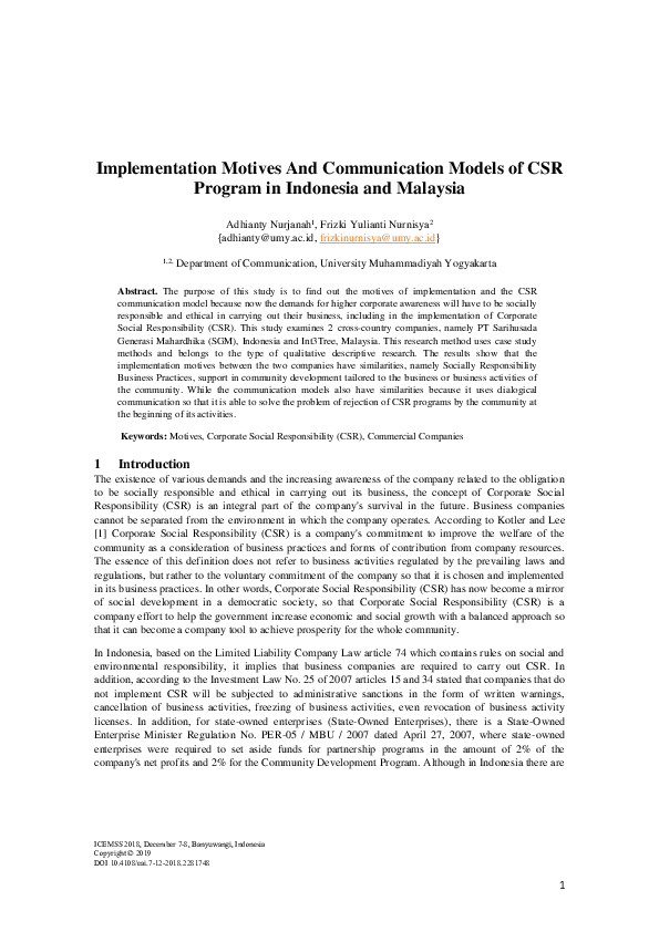 (PDF) Implementation Motives And Communication Models of CSR Program in ...
