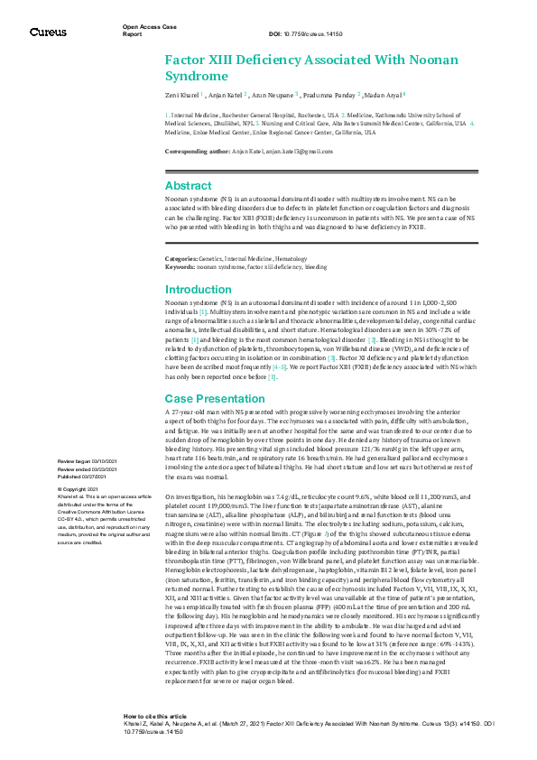 Pdf Factor Xiii Deficiency Associated With Noonan Syndrome Madan