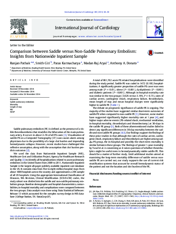 (PDF) Comparison between Saddle versus Non-Saddle Pulmonary Embolism ...
