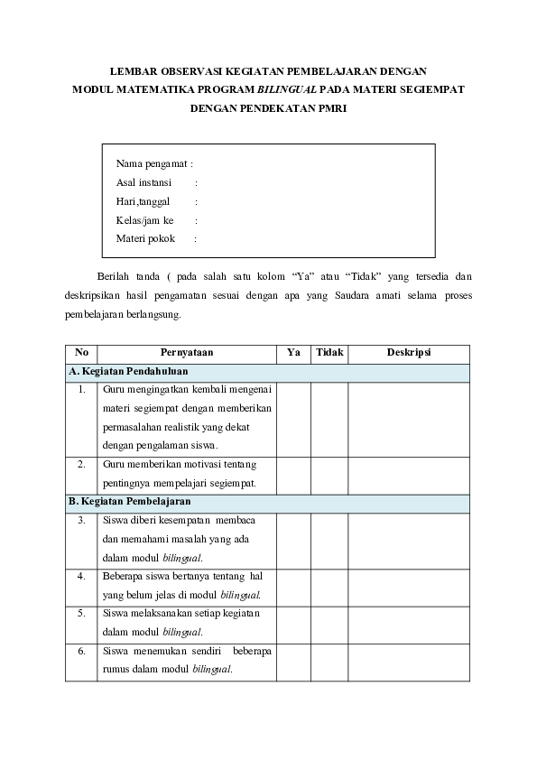 (DOC) Instrumen Lembar Observasi: Lembar Observasi Kegiatan Pembelajaran