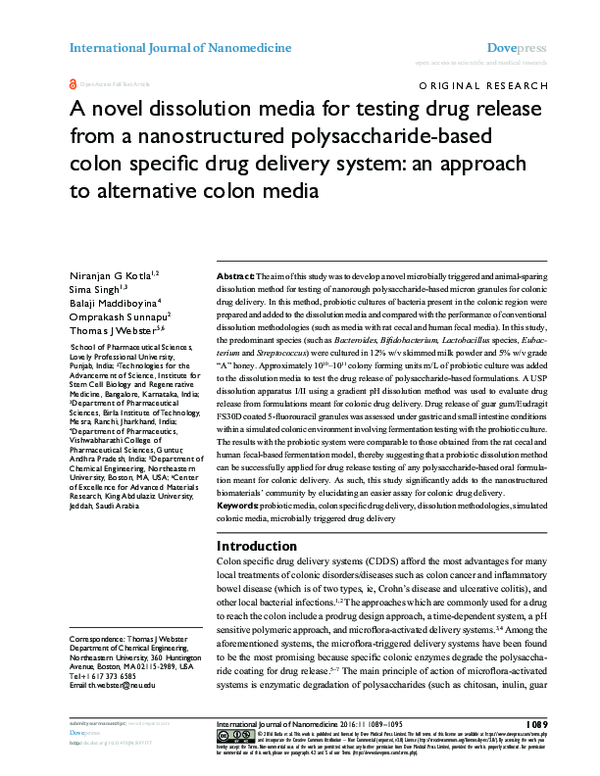 (PDF) A novel dissolution media for testing drug release from a ...