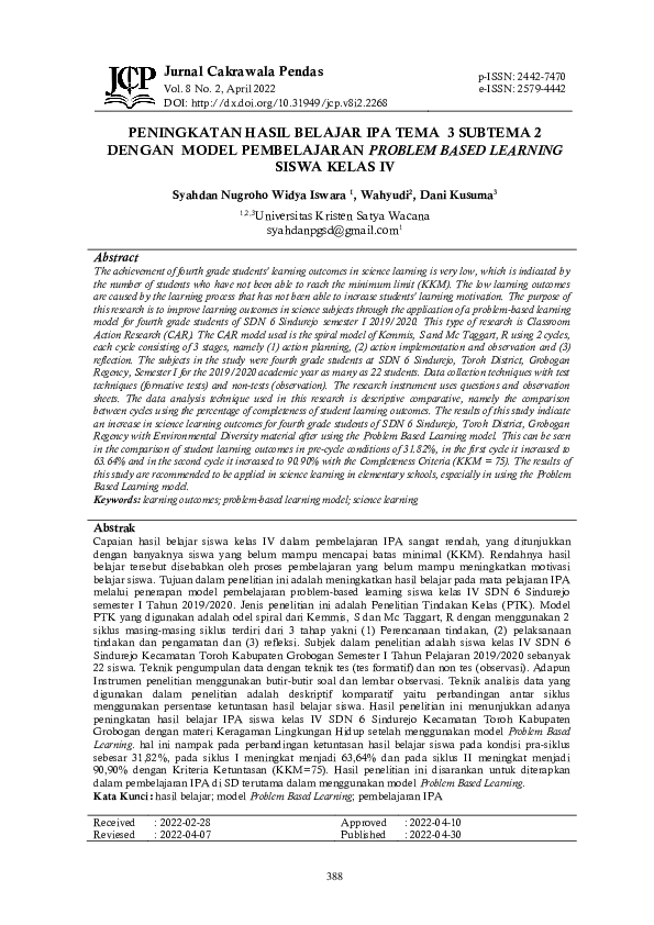 (PDF) Peningkatan Hasil Belajar Ipa Tema 3 Subtema 2 Dengan Model Pembelajaran Problem Based ...
