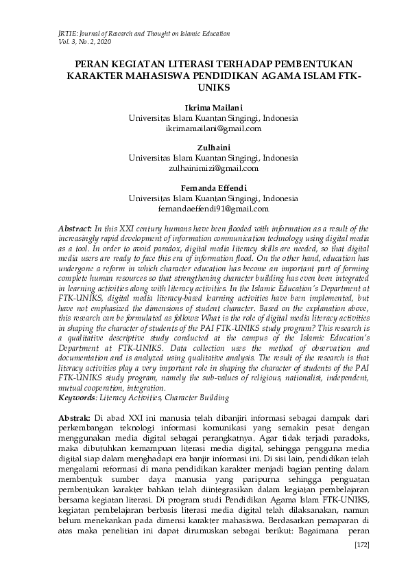 (PDF) Peran Kegiatan Literasi Terhadap Pembentukan Karakter Mahasiswa Pendidikan Agama Islam FTK ...