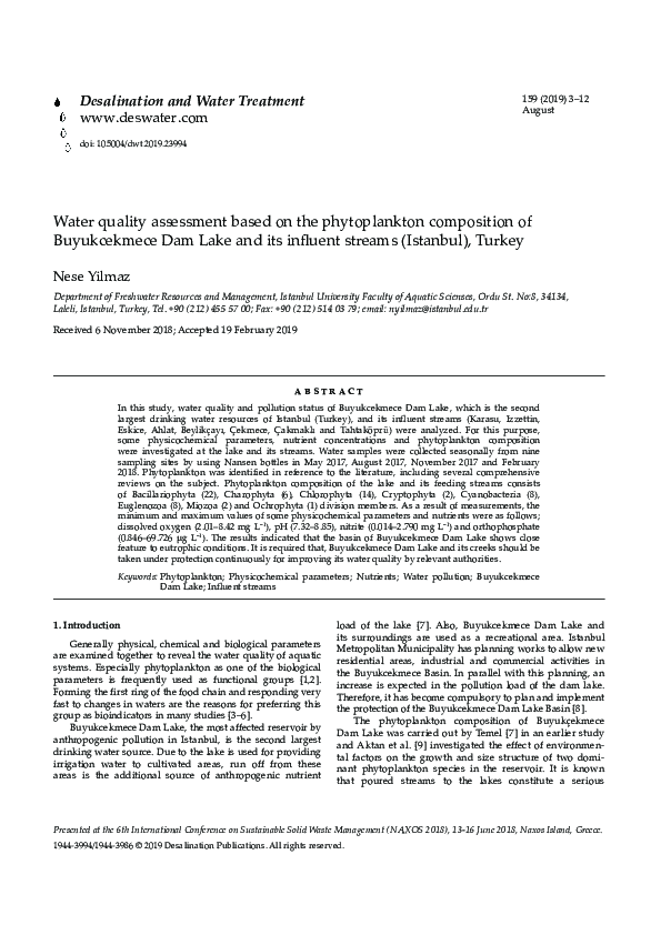 (PDF) Water quality assessment based on the phytoplankton composition of Buyukcekmece Dam Lake ...