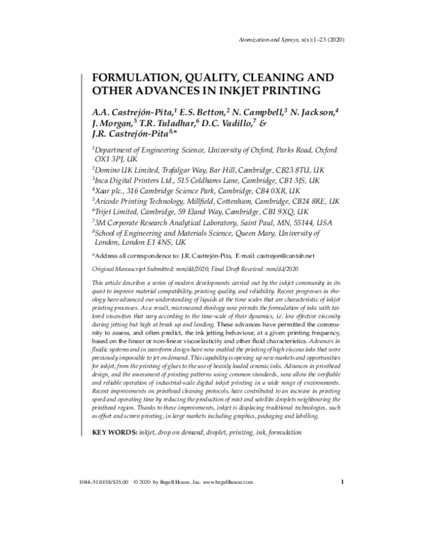 (PDF) Formulation, Quality, Cleaning, and Other Advances in Inkjet Printing