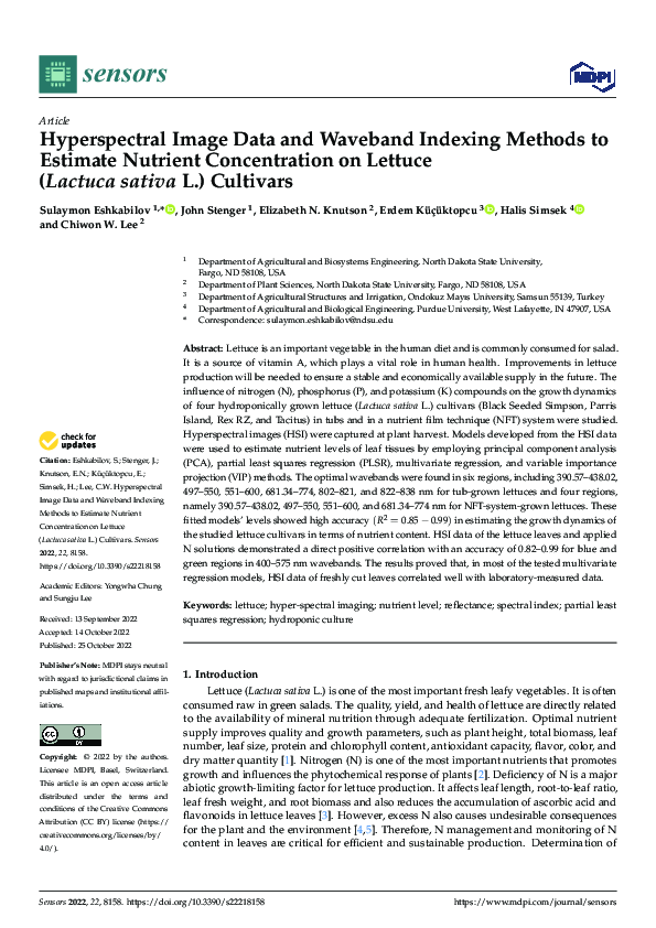 Pdf Hyperspectral Image Data And Waveband Indexing Methods To Estimate Nutrient Concentration