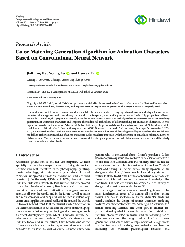 Pdf Color Matching Generation Algorithm For Animation Characters Based On Convolutional Neural 8828