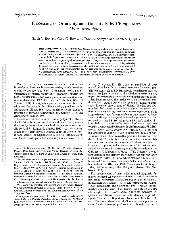 (PDF) Processing of ordinality and transitivity by chimpanzees (Pan ...