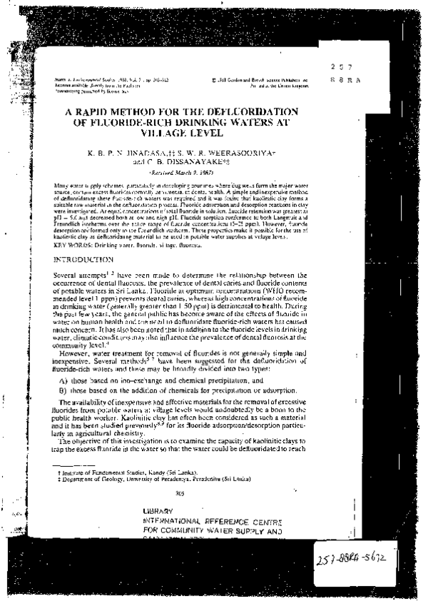 (PDF) A rapid method for the defluoridation of fluoride‐rich drinking ...