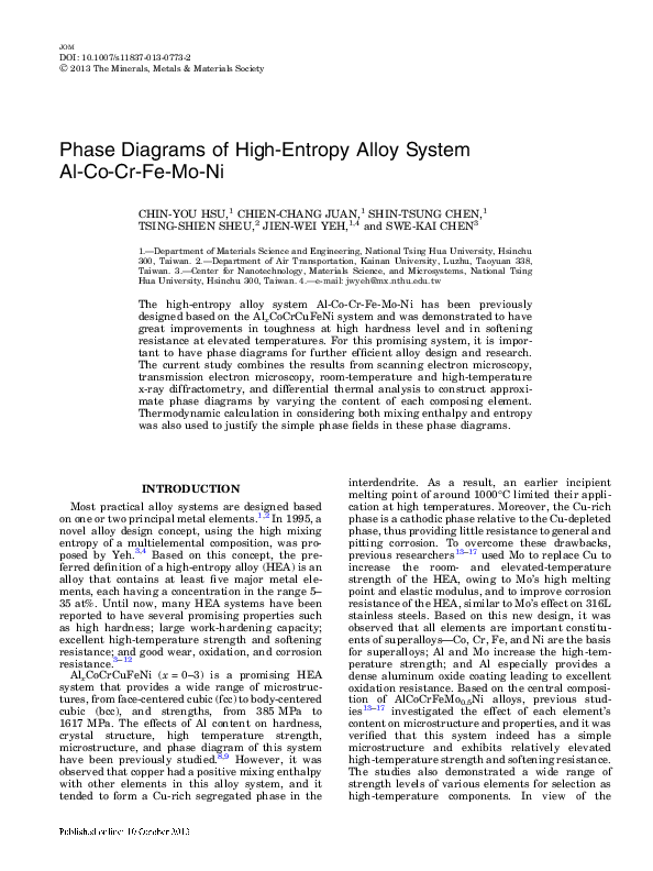 (PDF) Phase Diagrams of High-Entropy Alloy System Al-Co-Cr-Fe-Mo-Ni