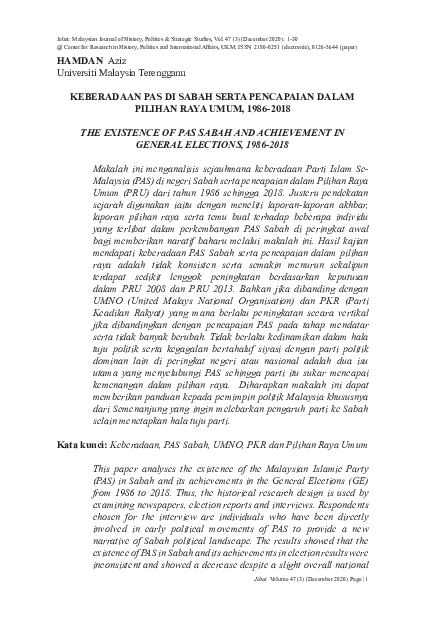 (PDF) Keberadaan PAS di Sabah serta pencapaian dalam Pilihan Raya Umum ...