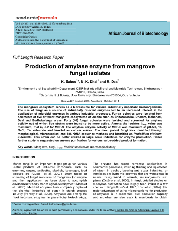 (PDF) Production of amylase enzyme from mangrove fungal isolates