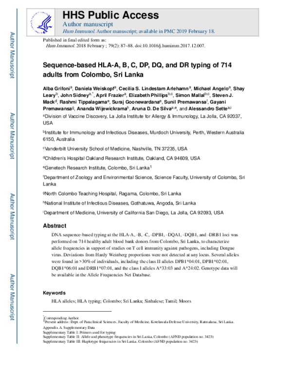 (PDF) Sequence-based HLA-A, B, C, DP, DQ, and DR typing of 714 adults from Colombo, Sri Lanka