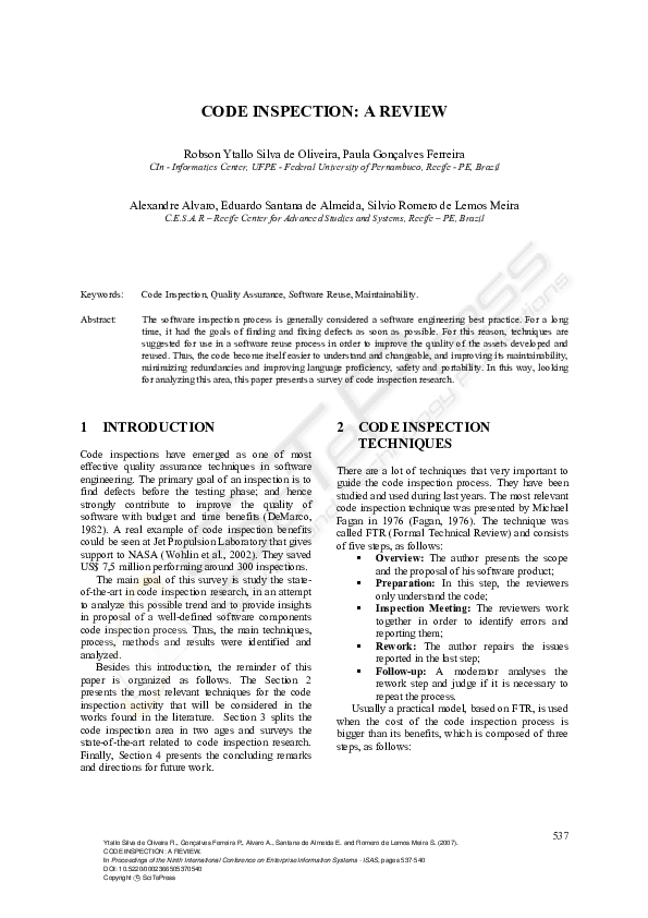 (PDF) Code Inspection: A Review
