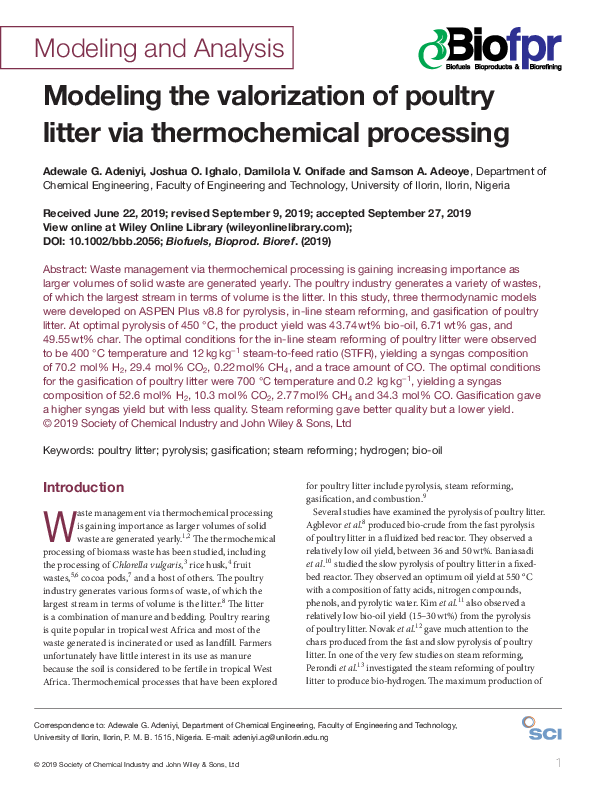 (PDF) Modeling the valorization of poultry litter via thermochemical ...