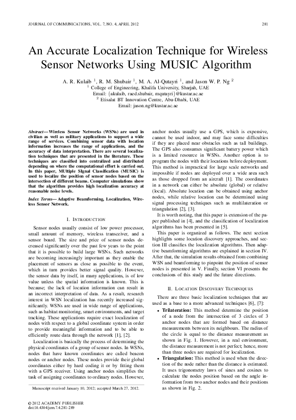 Pdf An Accurate Localization Technique For Wireless Sensor Networks Using Music Algorithm