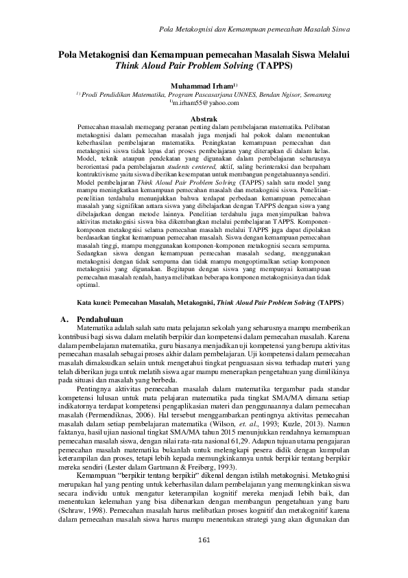 (PDF) Pola Metakognisi dan Kemampuan pemecahan Masalah Siswa Melalui Think Aloud Pair Problem ...