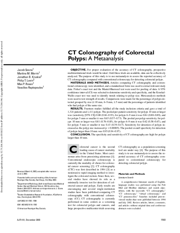 (PDF) CT Colonography of Colorectal Polyps: A Metaanalysis